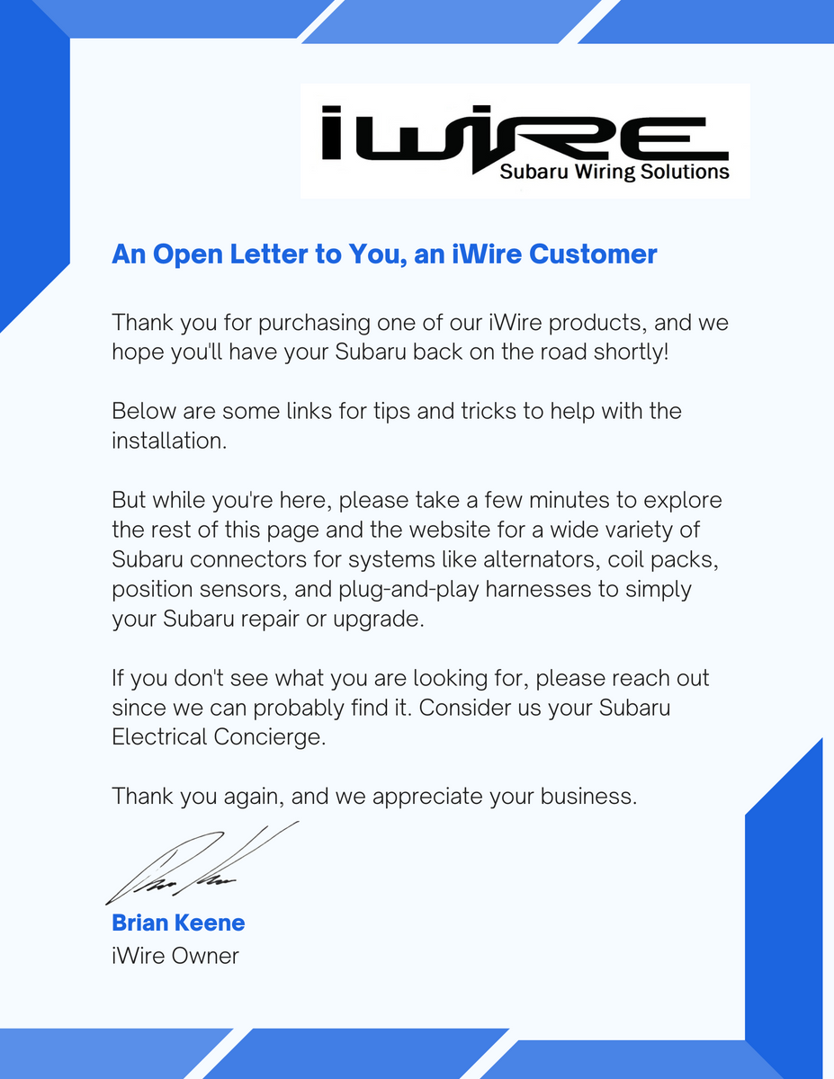 Thank you for your purchase of one of our Subaru Electrical Connectors ...